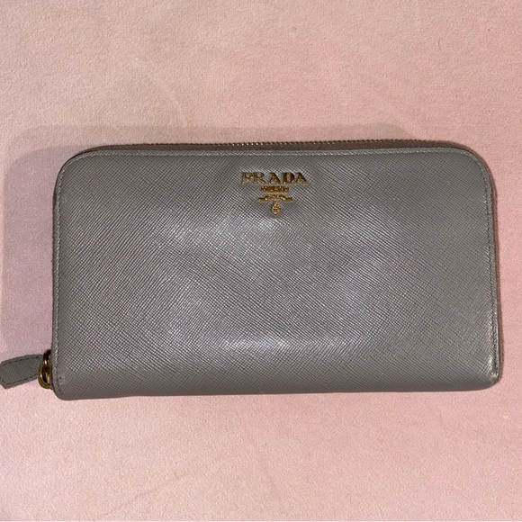 Prada | Bags | Prada Gray Saffiano Leather Long Wallet | Poshmark